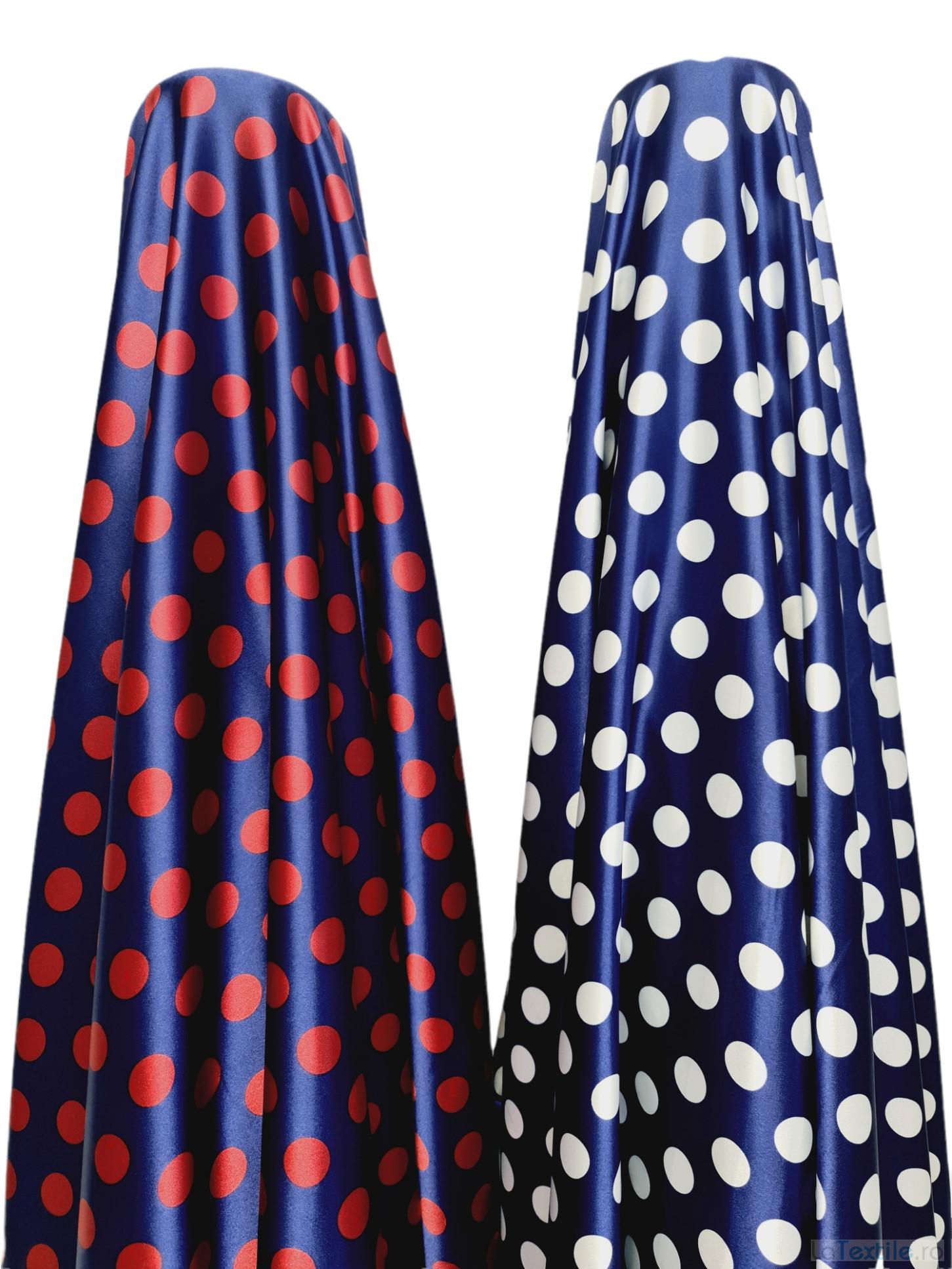 Satin elastic bleumarin cu buline rosii si albe